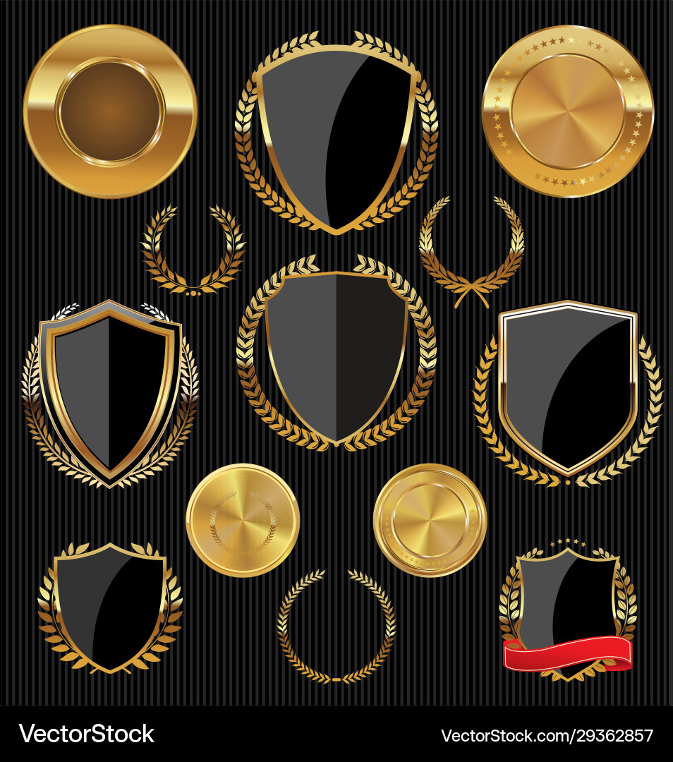 Golden shields labels and laurels collection Vector Image