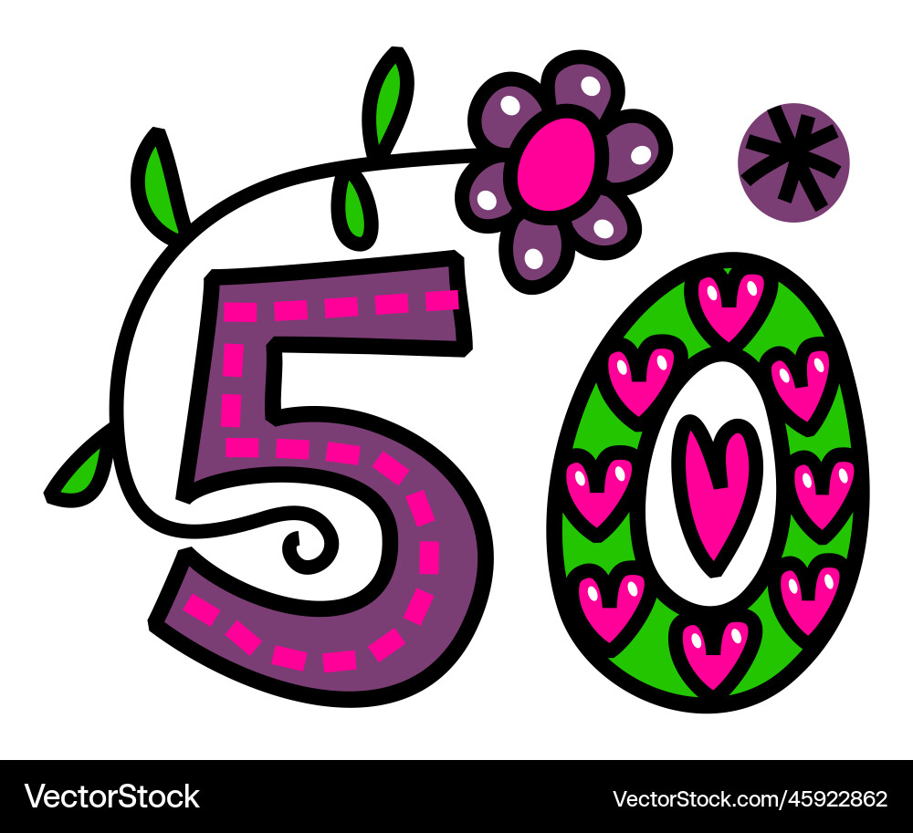 Doodle freehand number fifty text Royalty Free Vector Image