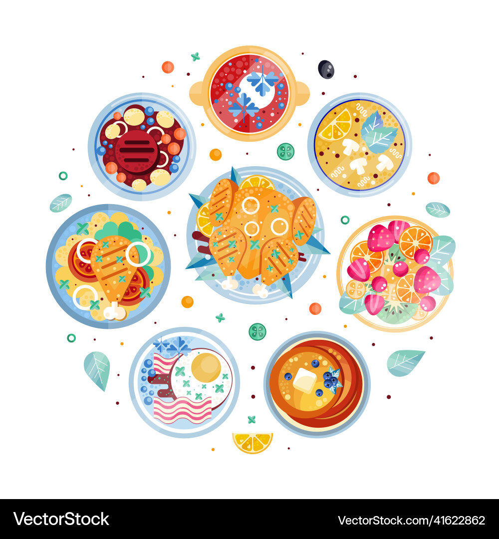 Served dish and food arranged in circle Royalty Free Vector