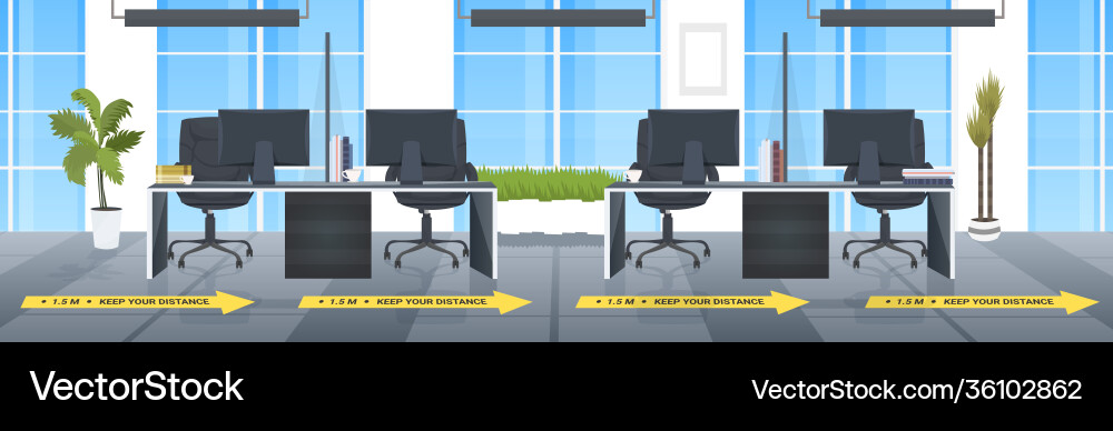 Workplace desk with signs for social distancing Vector Image