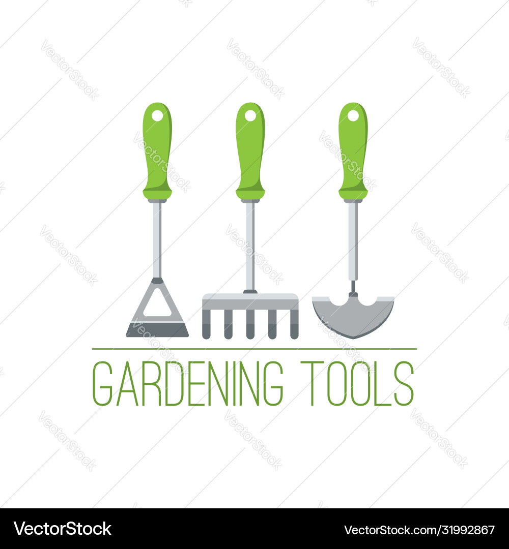 Garden tools logo with hoe rake and trowel Vector Image