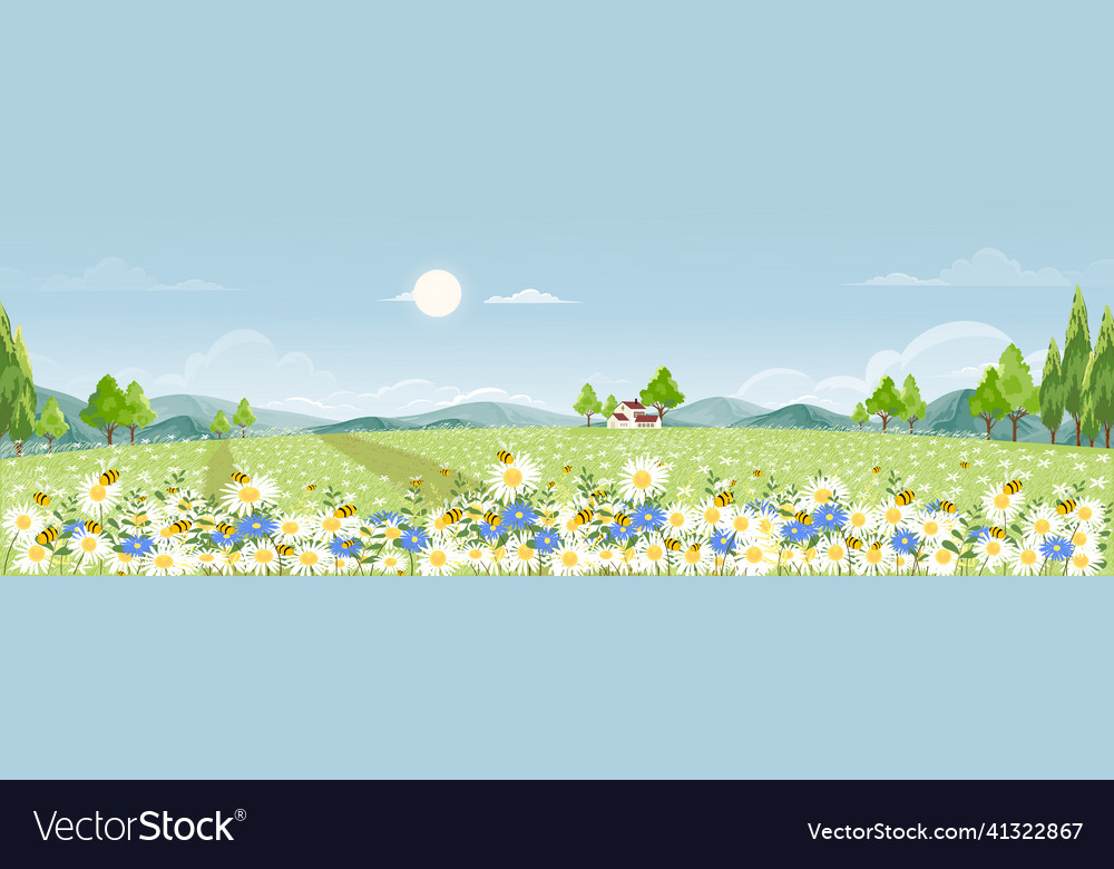 Spring field with fluffy cloud on blue skycute Vector Image