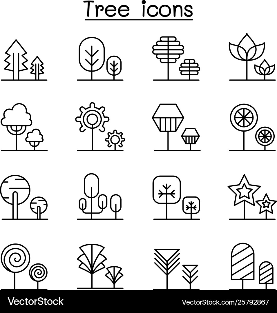 Tree plant forest park icon set in thin line style