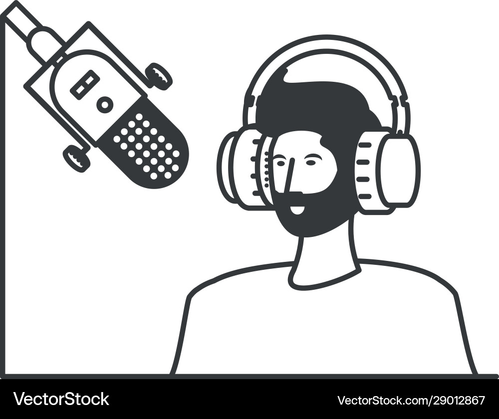 Young man with earphones and microphone Royalty Free Vector