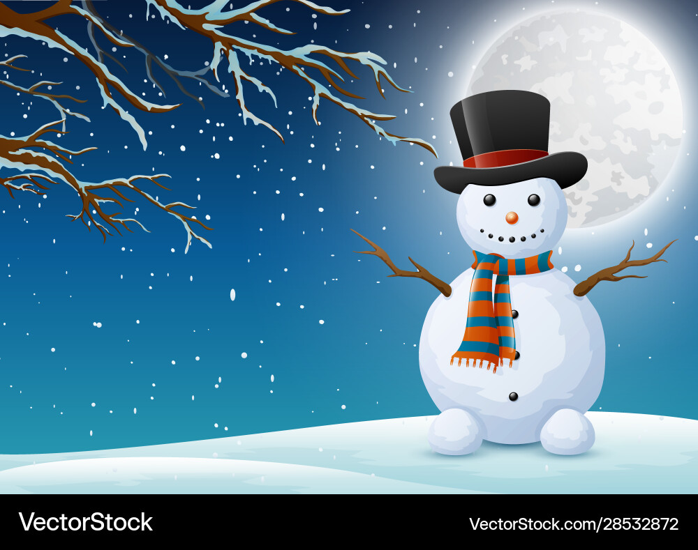 A winter night forest with a greeting snowman Vector Image