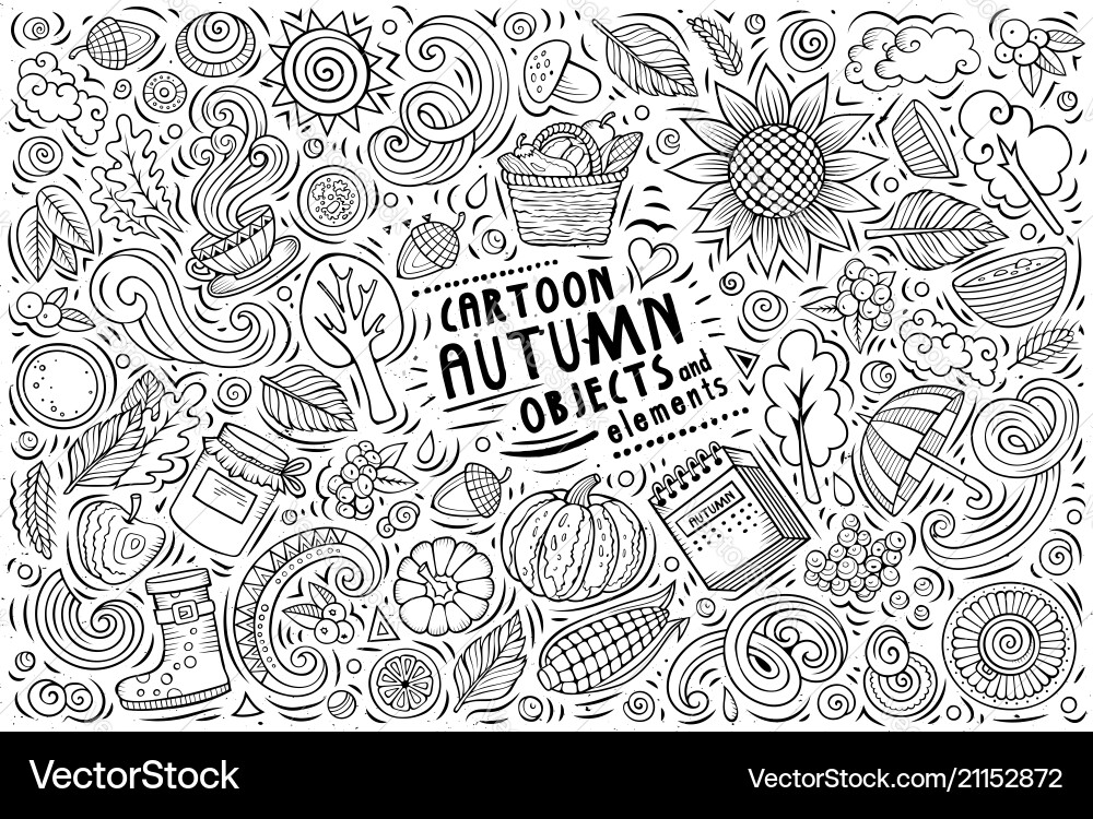 Doodle cartoon set of autumn items objects Vector Image
