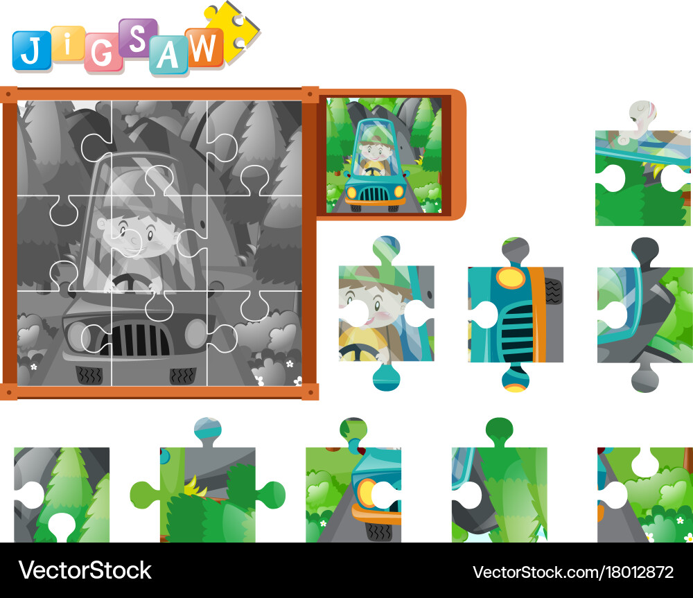Jigsaw puzzle game with boy driving car Royalty Free Vector