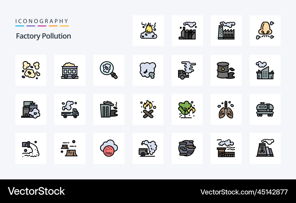 25 factory pollution line filled style icon pack Vector Image