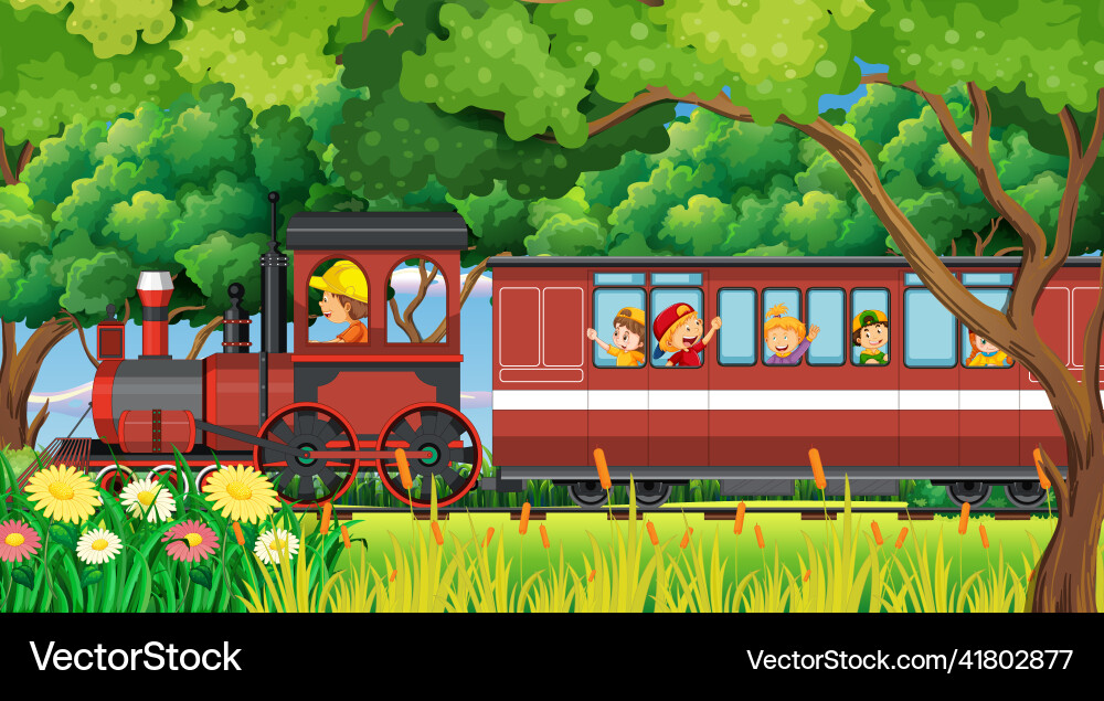 A kids in train with natural scene Royalty Free Vector Image