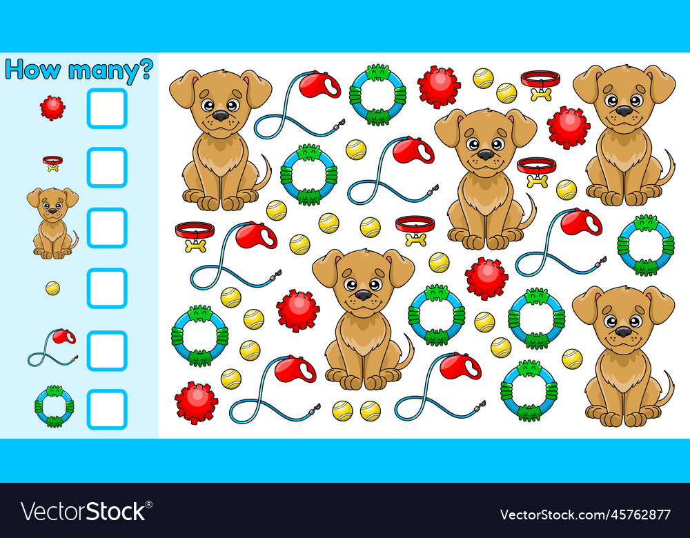 Counting game how many cartoon dog and pet goods Vector Image