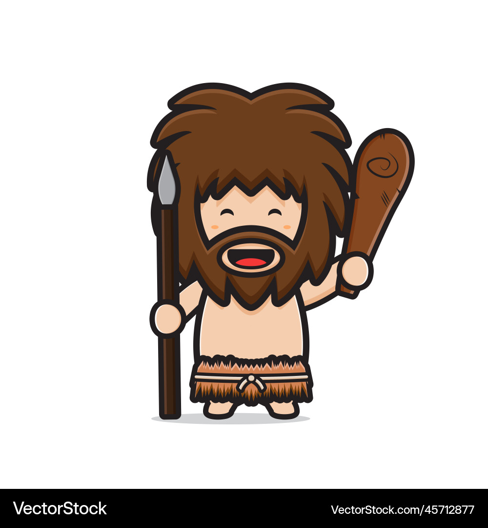 Cute primitive caveman holding cudgel and spear Vector Image