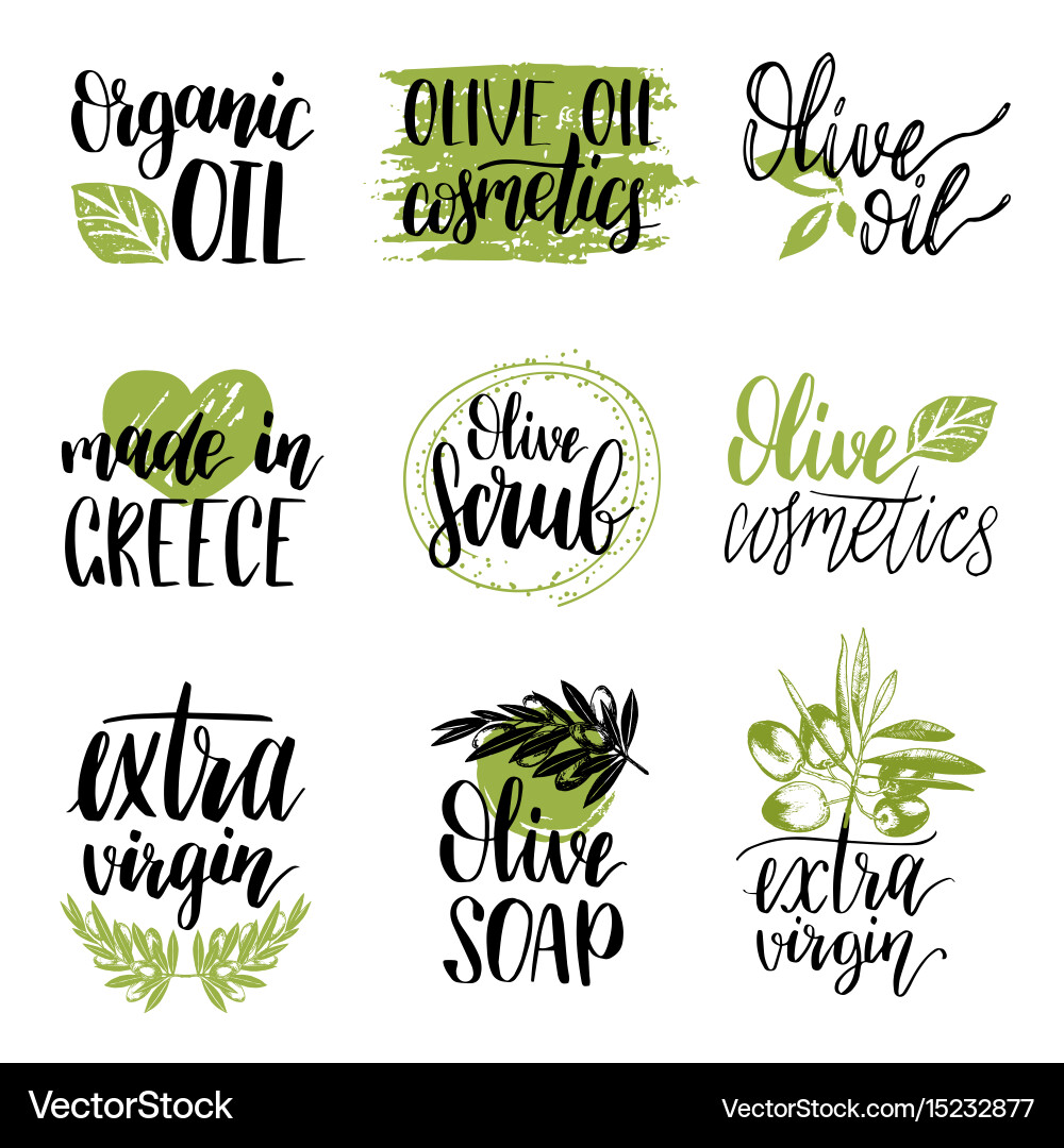 Hand lettering olive production signs Royalty Free Vector