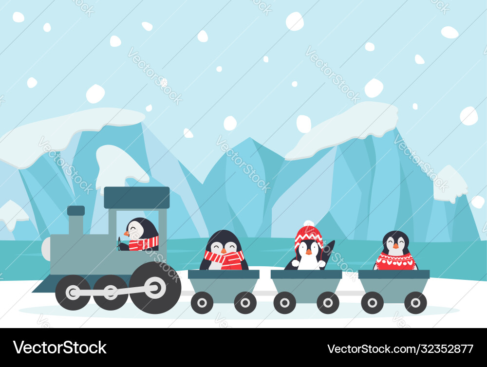 Penguins riding train in winter north pole arctic Vector Image