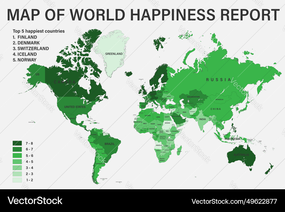 World happiness report on political map Royalty Free Vector