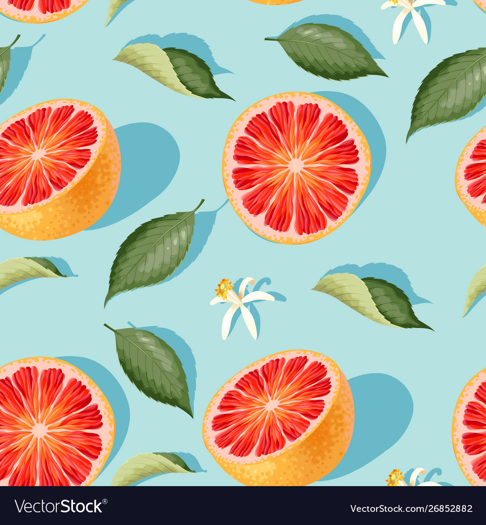 Seamless pattern with grapefruit slices and leaves