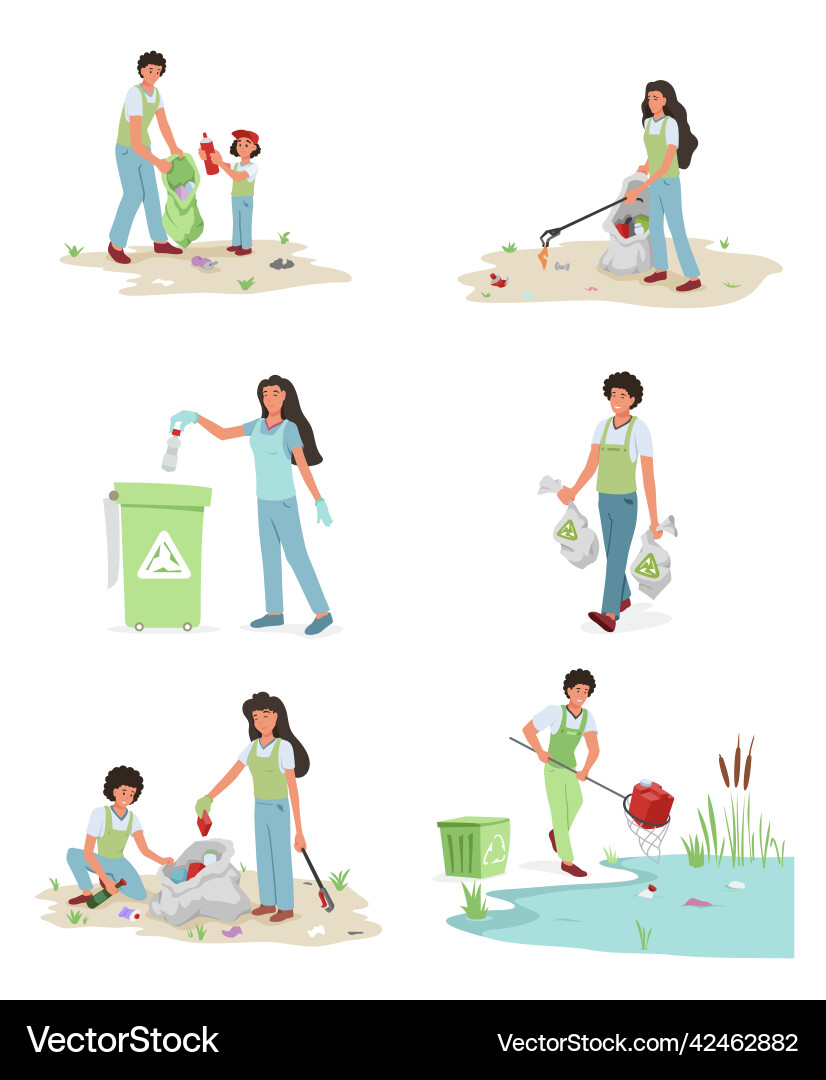 Set volunteers people collect trash flat Vector Image