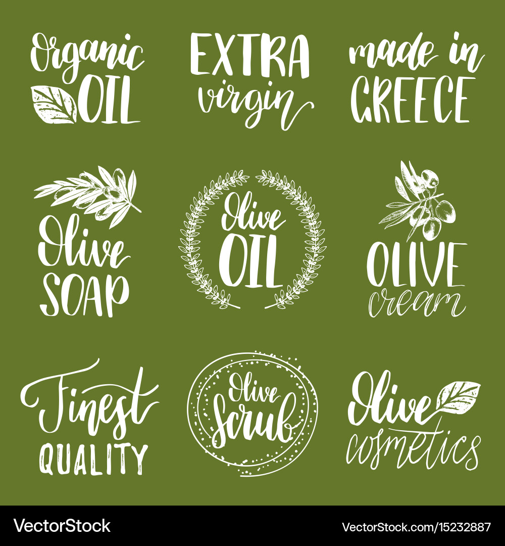 Hand lettering olive production signs Royalty Free Vector