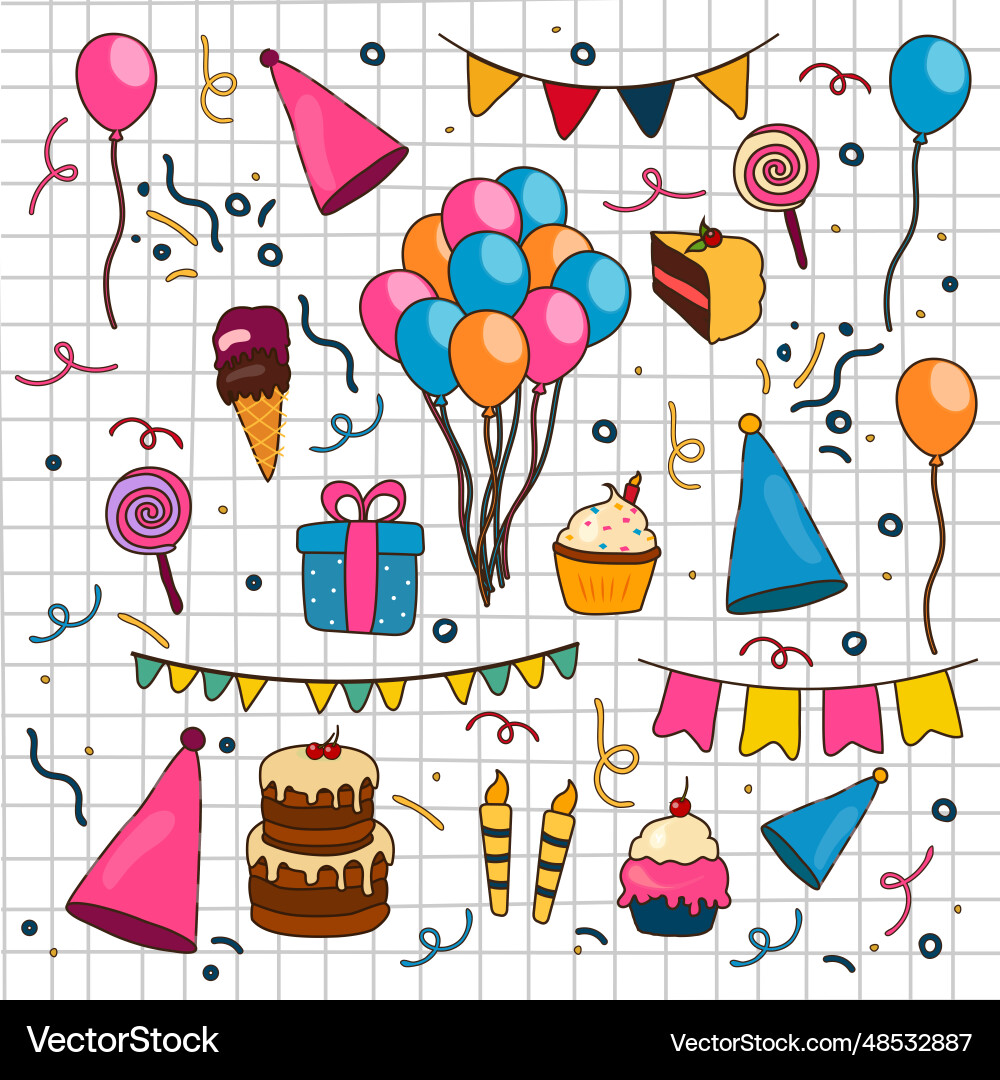 Happy birthday doodle in color Royalty Free Vector Image