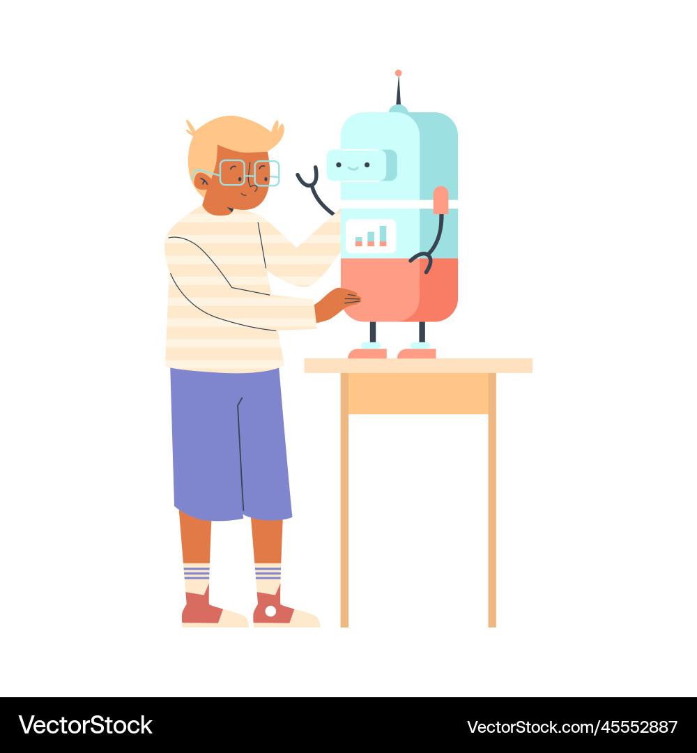 Little boy playing with smart robot cartoon flat Vector Image