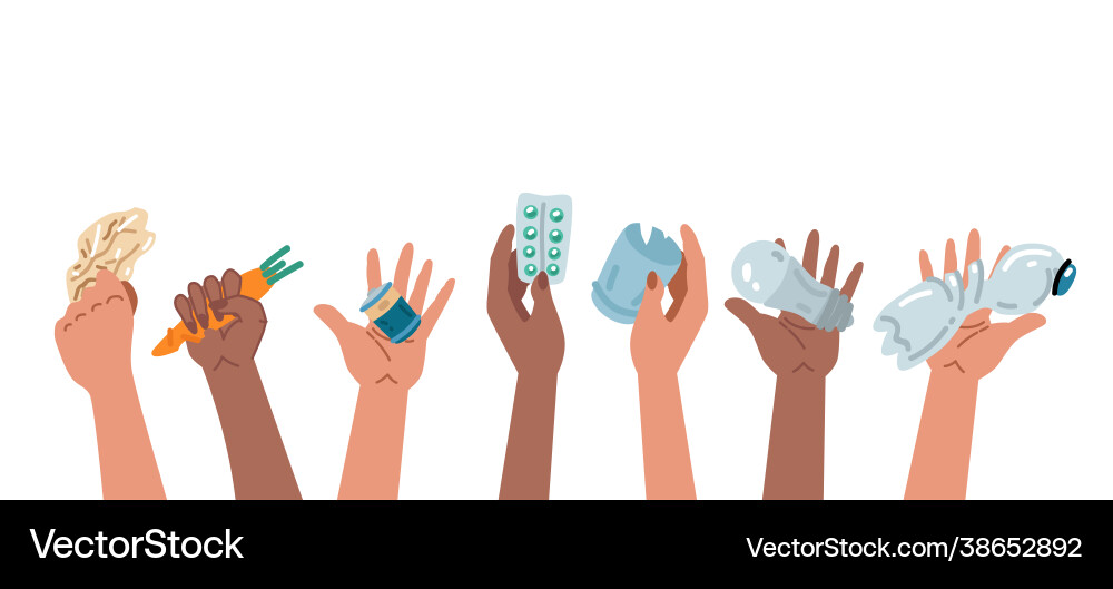 Hands are holding various trash for paper ecology Vector Image
