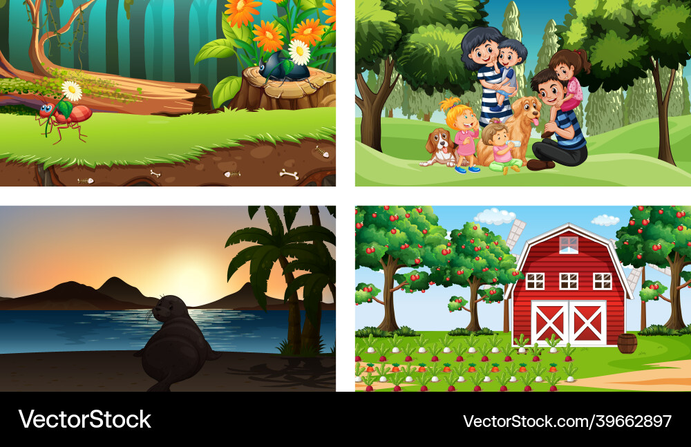 Four different scenes with children cartoon Vector Image