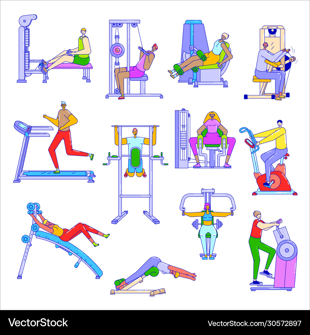 People exercise in gym workout machines Royalty Free Vector