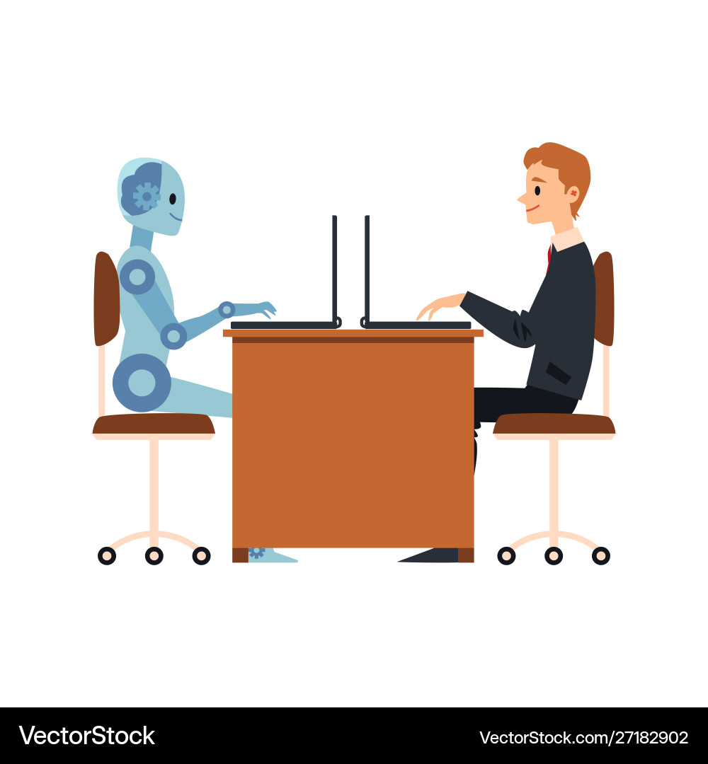 Cartoon businessman and blue robot working Vector Image