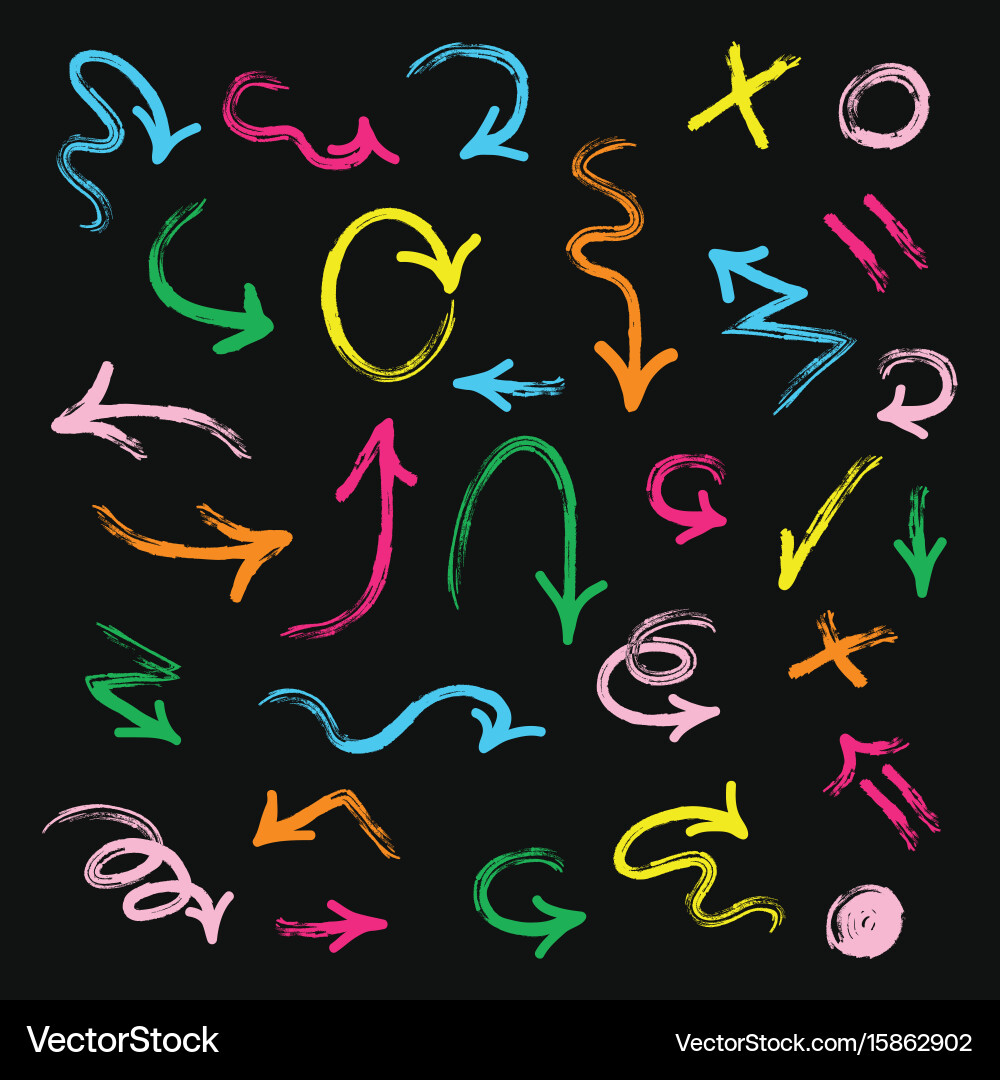 Colorful hand drawn direction arrows set on black Vector Image