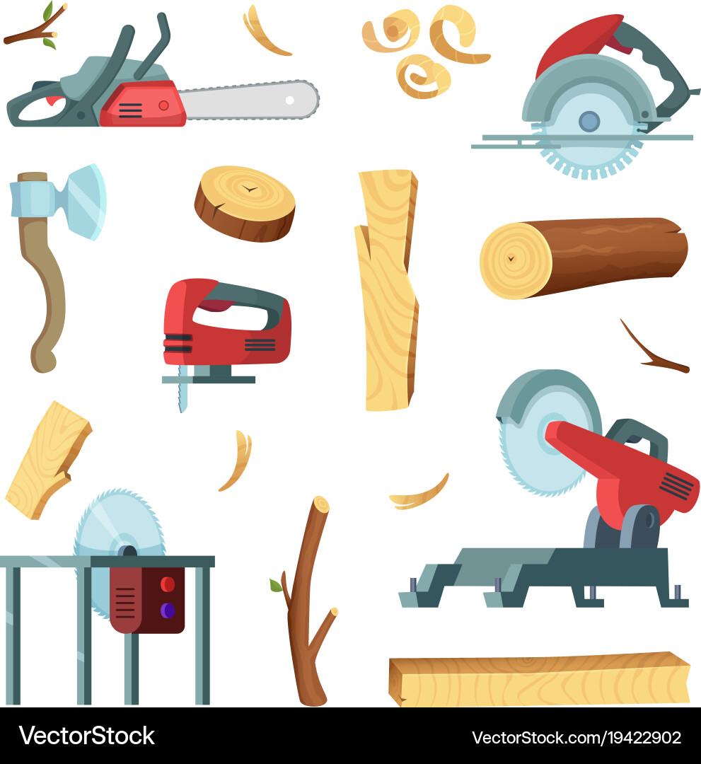 Icon set of different tools wood industry Vector Image