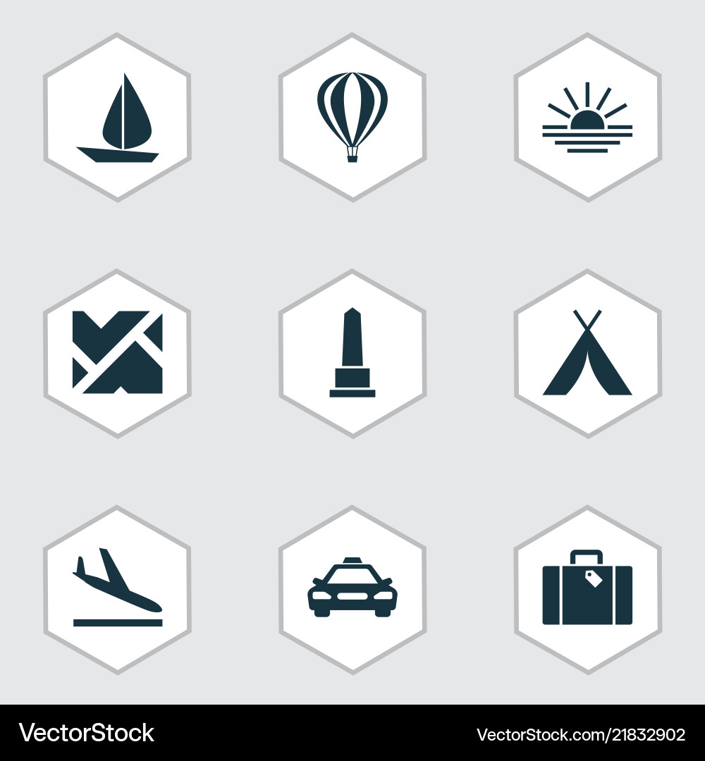 Journey icons set with suitcase tent monument Vector Image