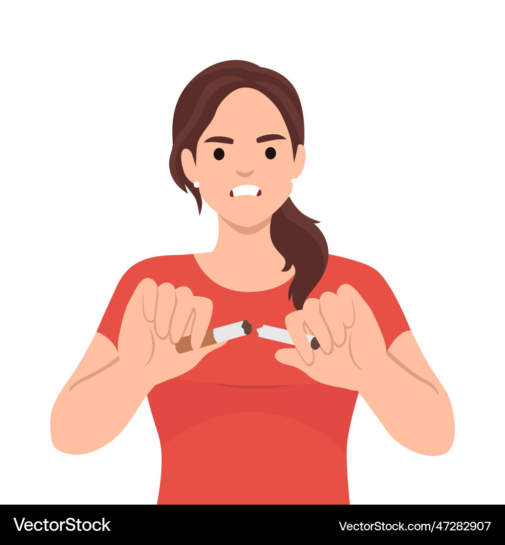 Woman with smile breaks cigarette as sign Vector Image