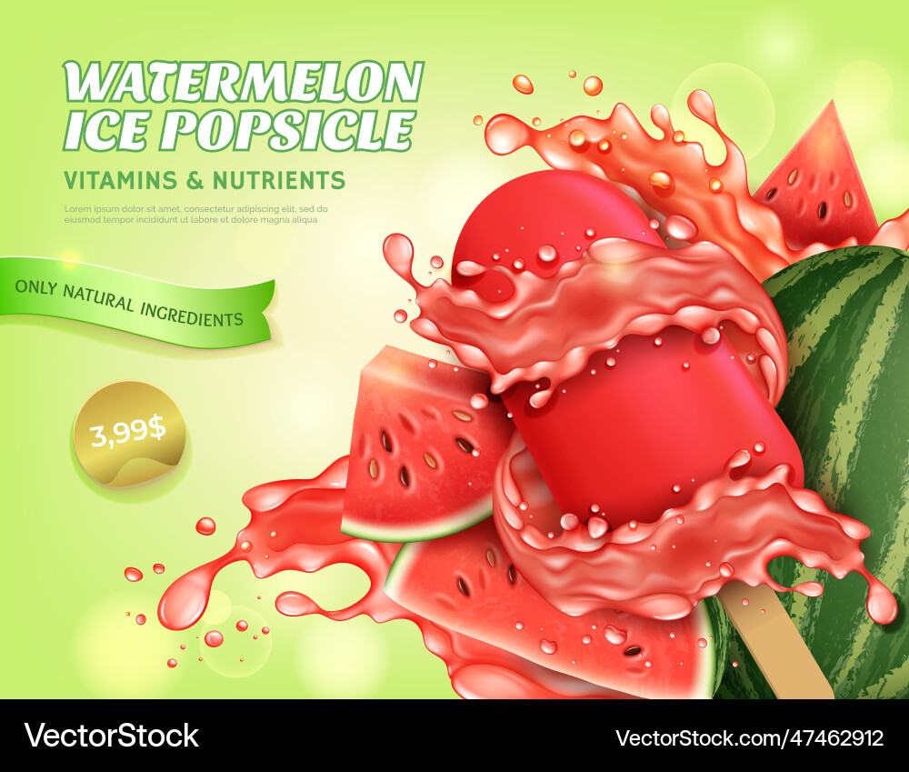 Realistic detailed 3d watermelon ice popsicle ads Vector Image