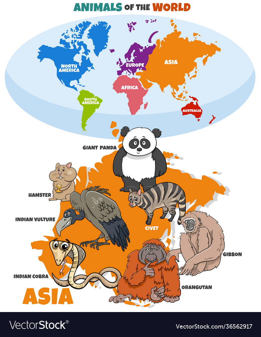 Educational cartoon asian animals and world map Vector Image
