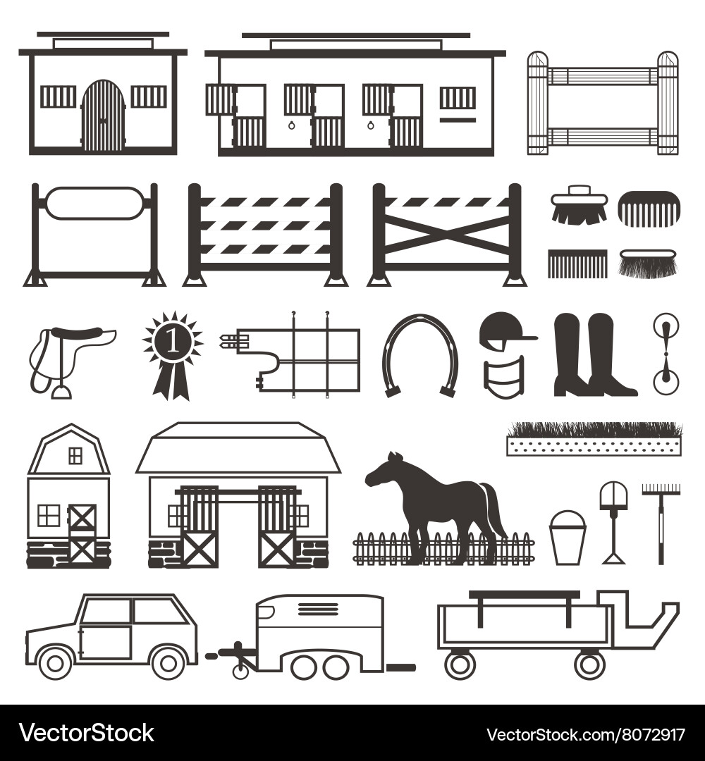 Horse riding set in black and white Royalty Free Vector