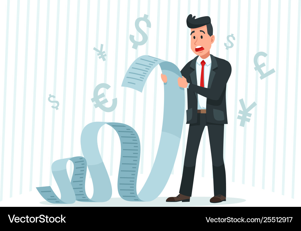 Pay big bill businessman holding long bill Vector Image
