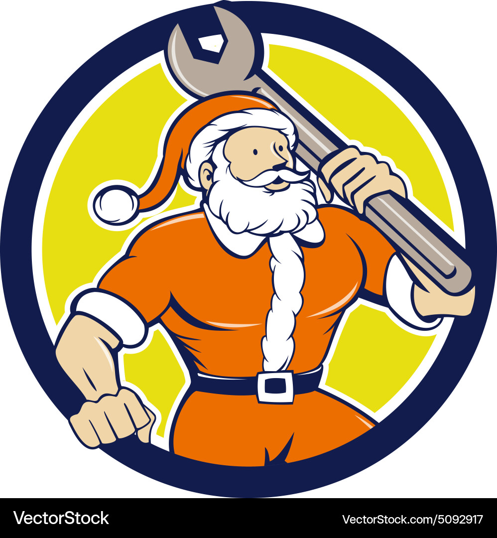 Santa Claus Mechanic Spanner Circle Cartoon Vector Image