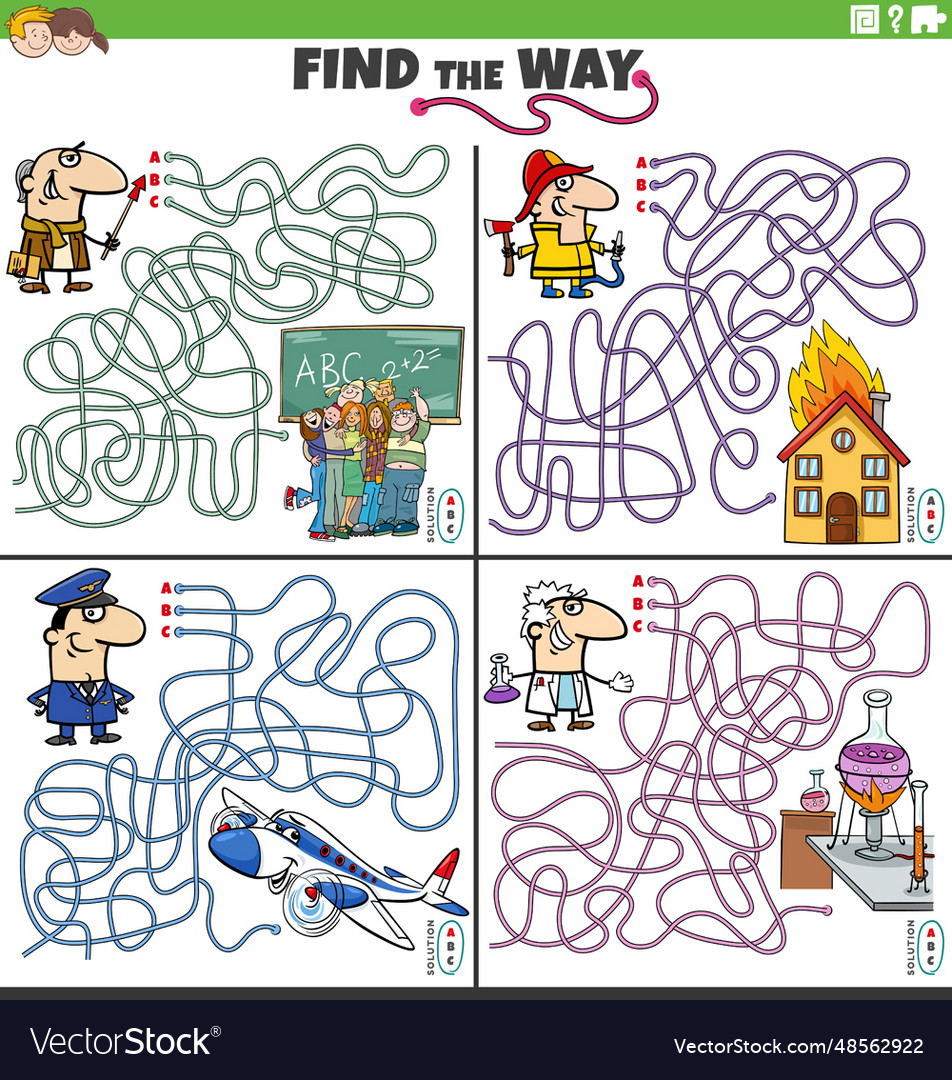 Find the way maze games set with people Royalty Free Vector
