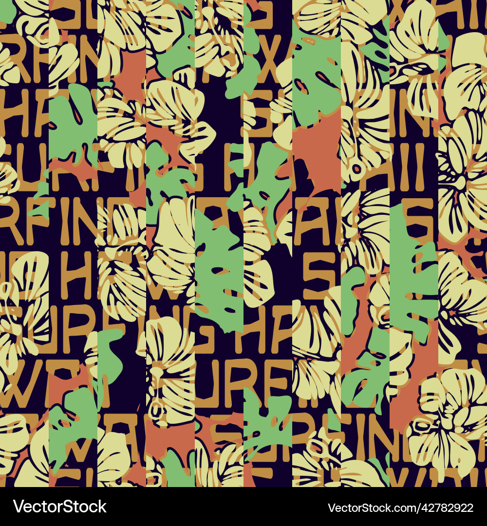 Hawaii surfing with hibiscus flowers patchwork Vector Image