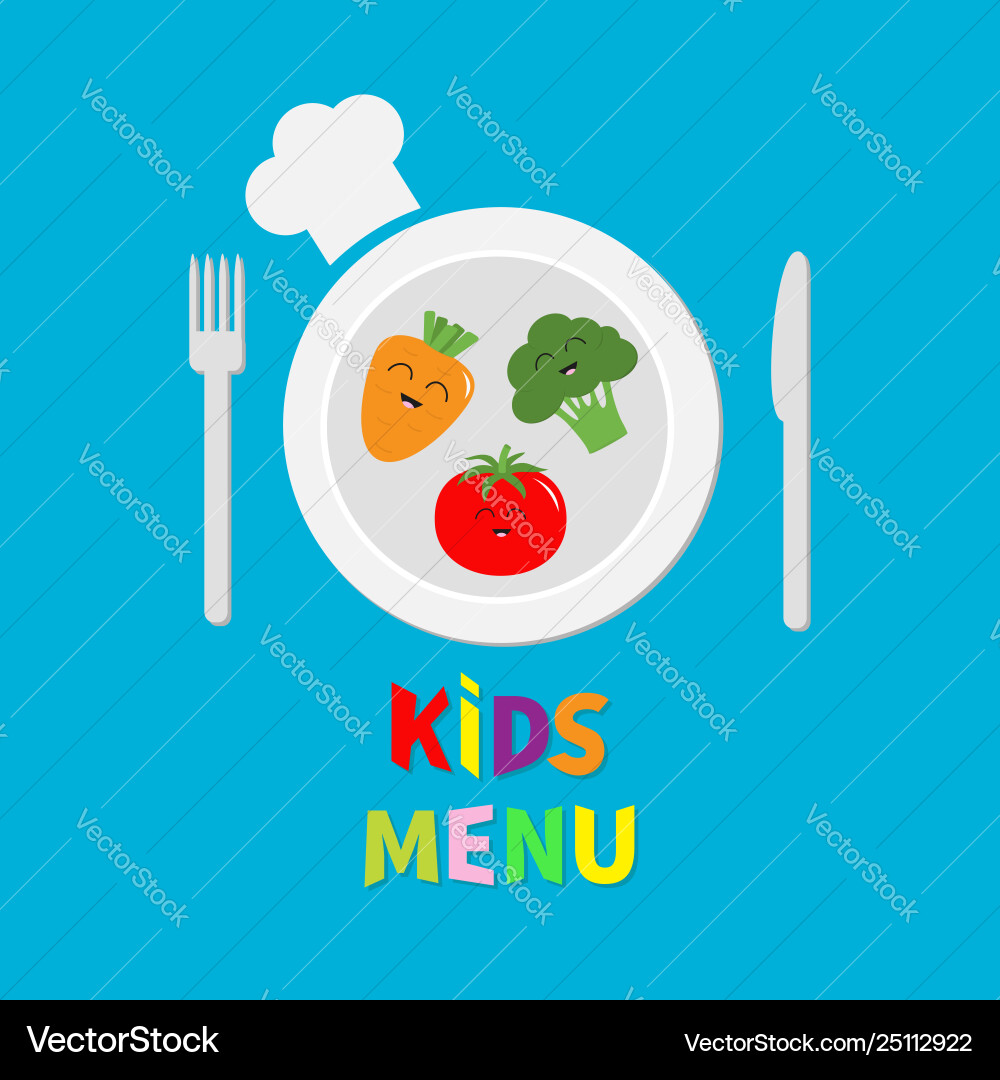 Kids menu card fork plate knife and chefs hat Vector Image