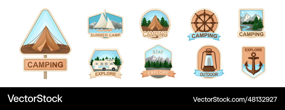 Camping and outdoor exploration badge set Vector Image