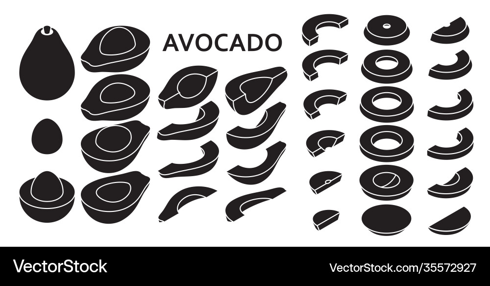 Set fresh whole and sliced avocado isolated Vector Image