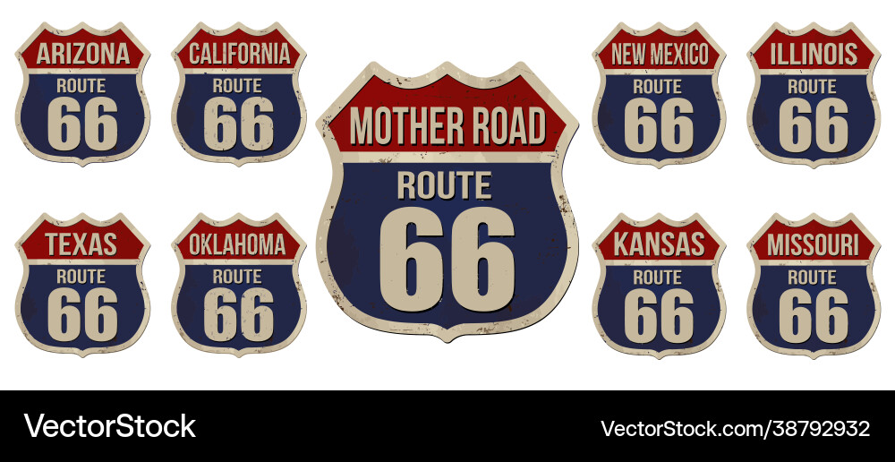 Set route 66 american highway vintage rusty Vector Image
