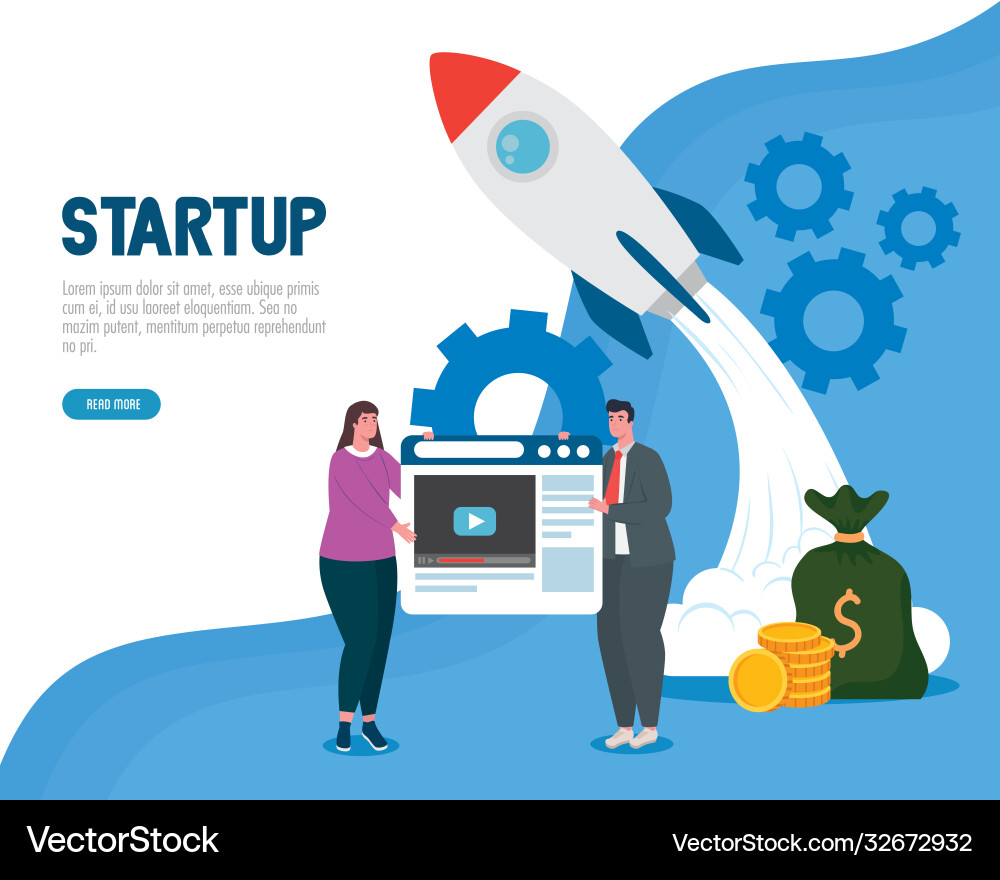 Woman and man with start up rocket website Vector Image