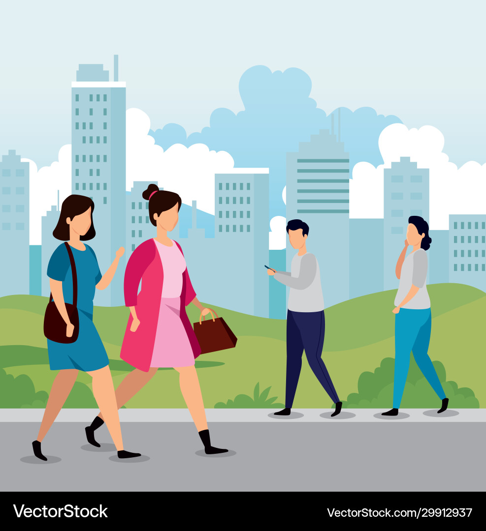 Group people with urban landscape Royalty Free Vector Image