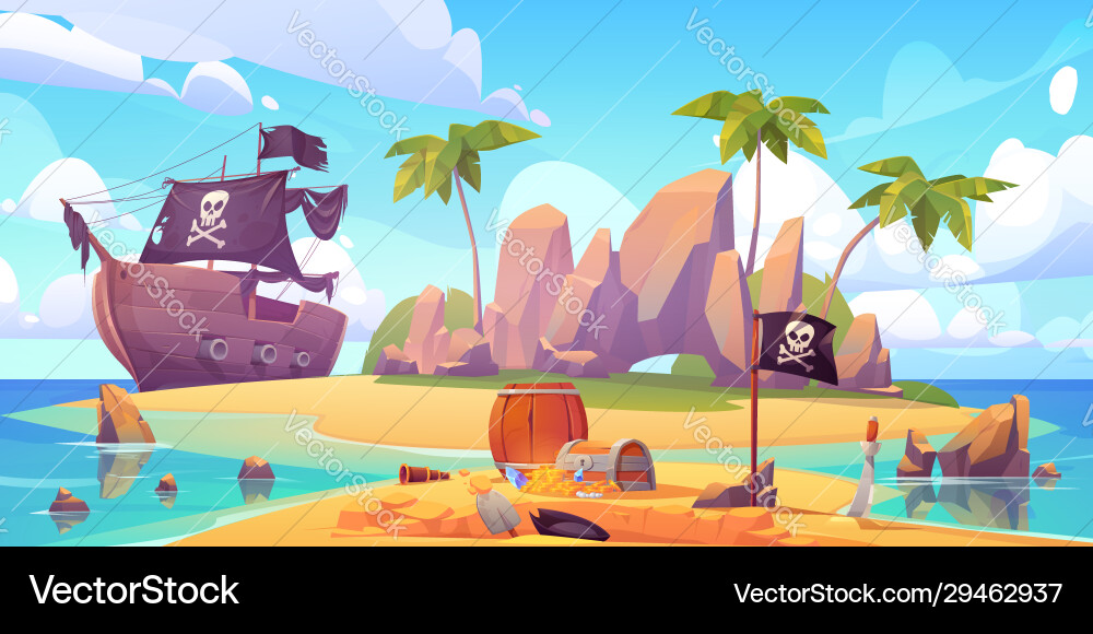 Pirate buries treasure chest on island beach Vector Image