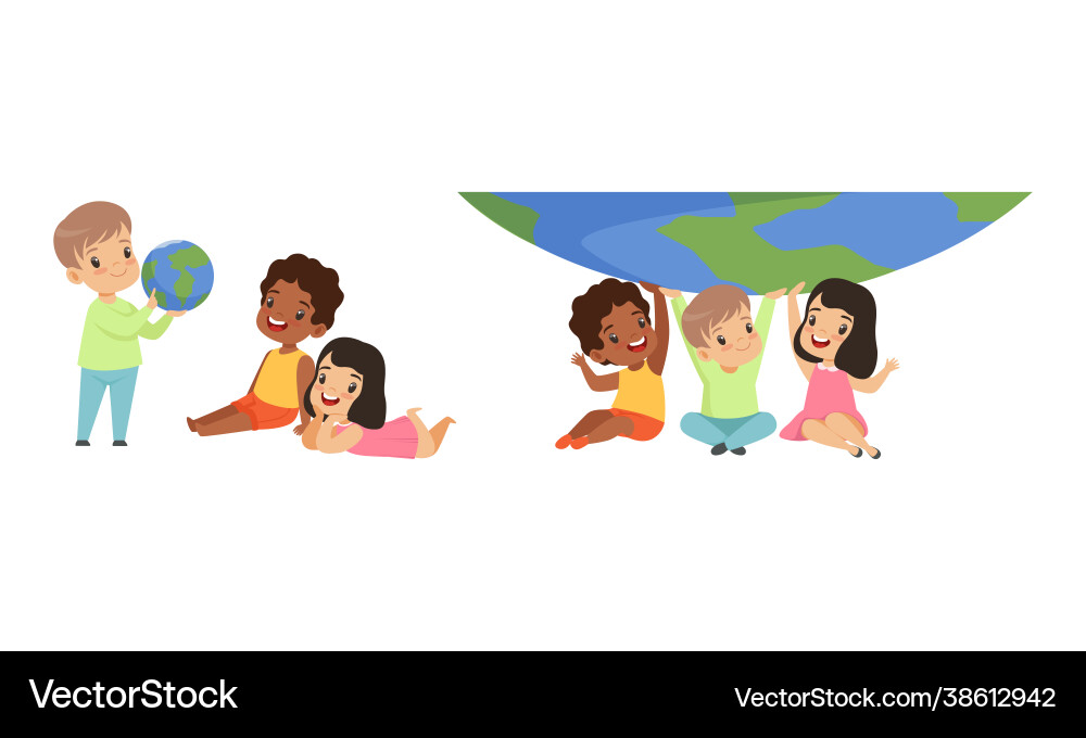 Cute multicultural kids holding earth globe Vector Image