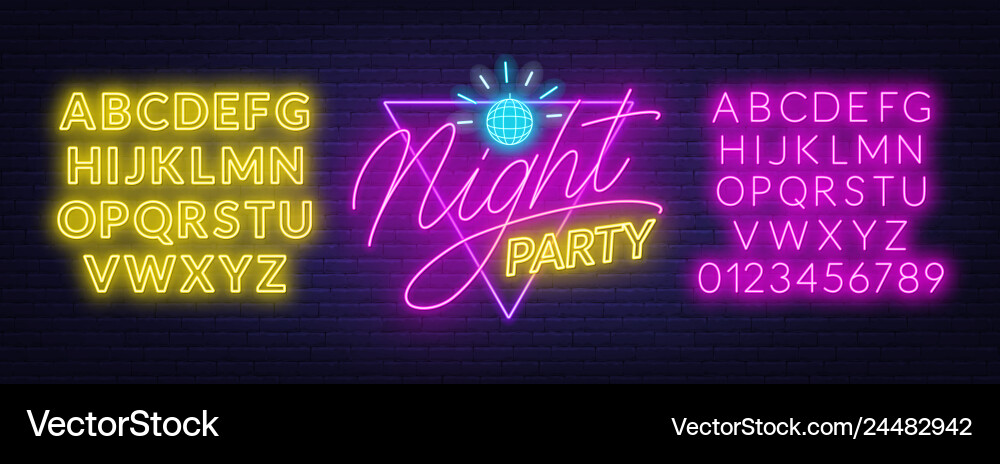 Neon lettering night party on brick wall Vector Image