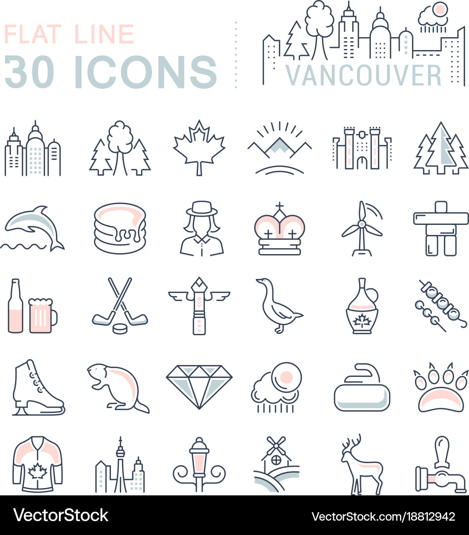 Set flat line icons vancouver and canada Vector Image