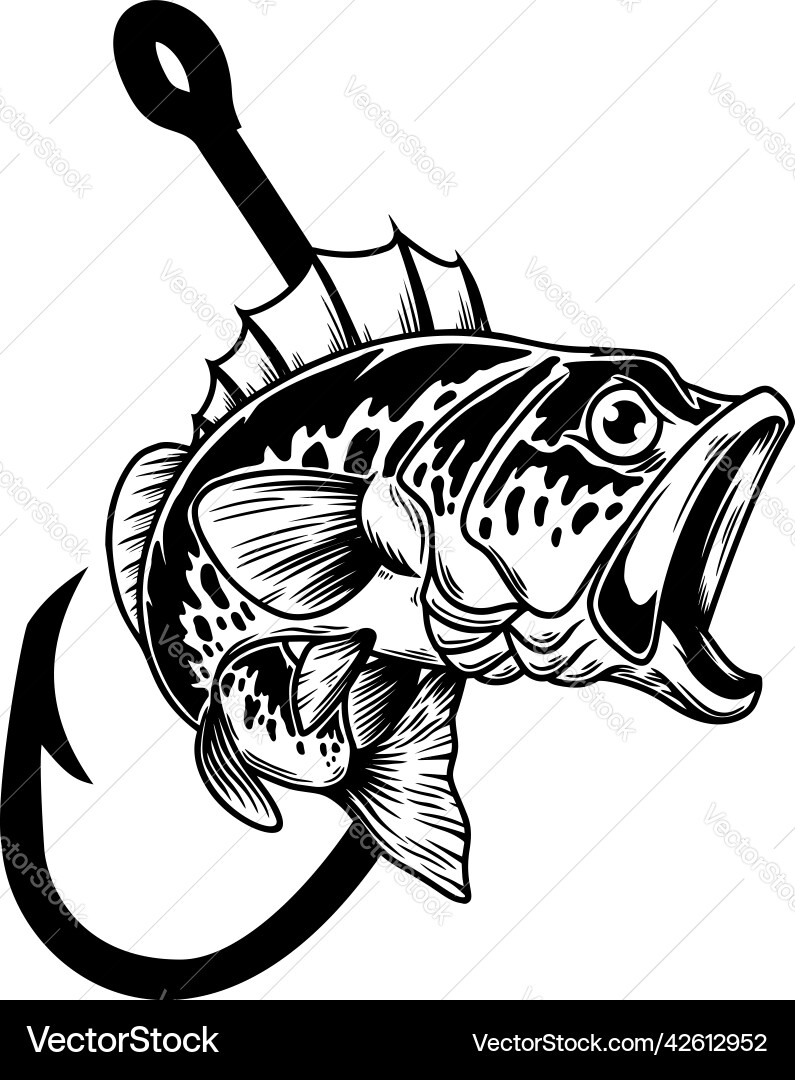 Bassfish and fishing hook design element Vector Image