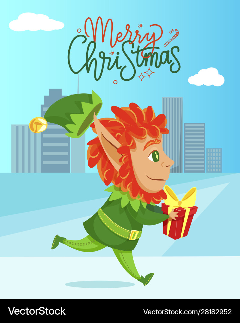 Merry christmas with elf carrying gift Royalty Free Vector